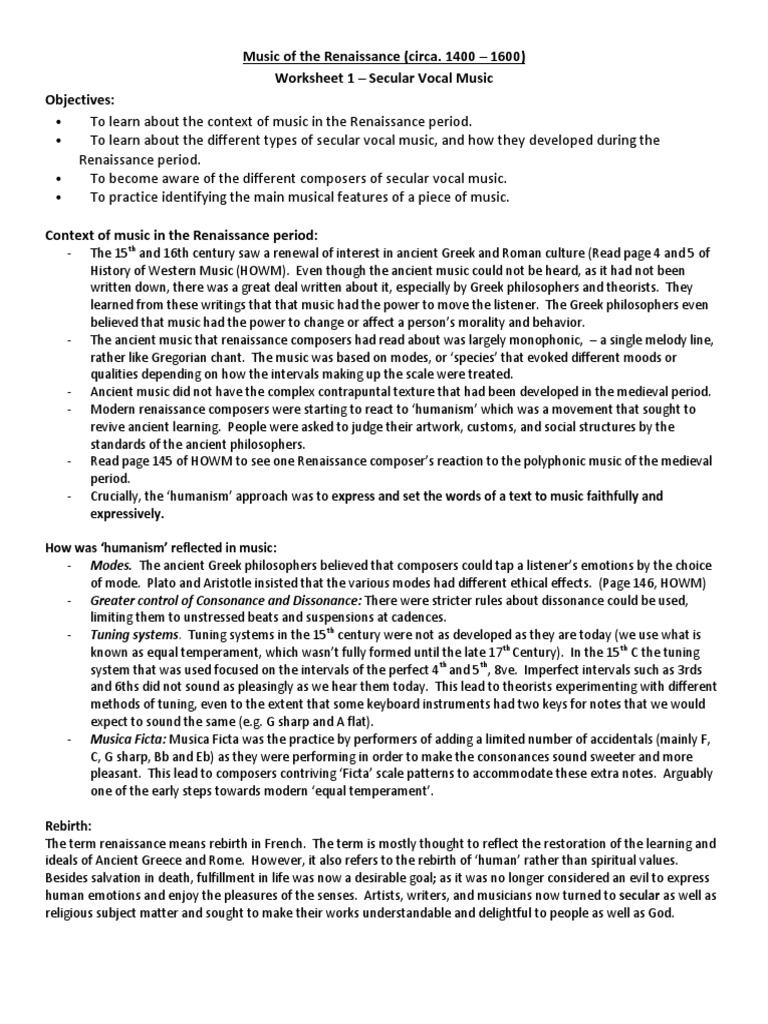 Music of The Renaissance Worksheet 1 | Renaissance | Mode (Music)