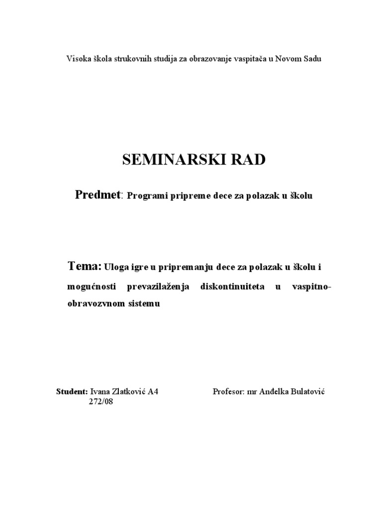 Uloga Igre U Pripremanju Dece Za Polazak U Školu I Mogućnosti ...