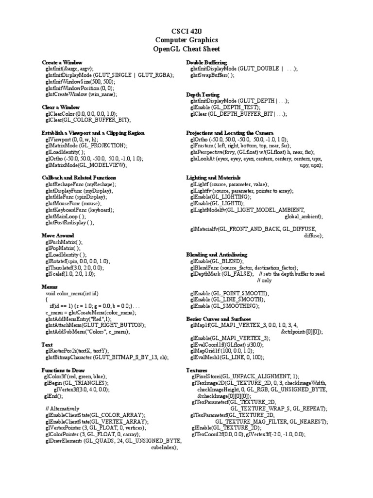 OpenGL Cheat Sheet for Computer Graphics | PDF | Teaching Methods ...