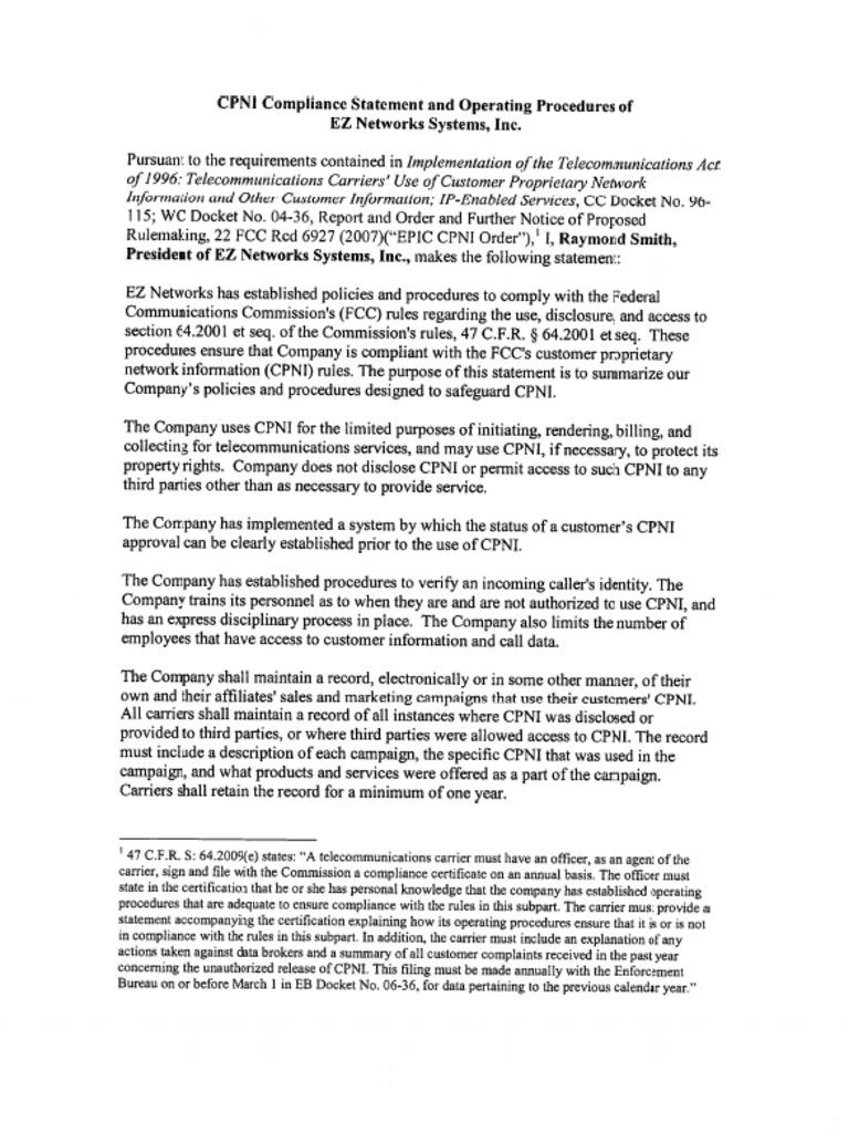 EZ Network Systems 2014 CPNI Attachment | PDF | Federal Communications ...
