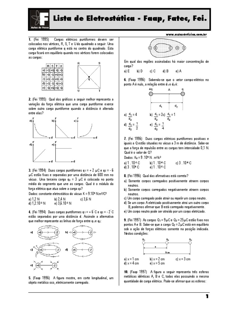 Lista de Eletrostática Faap Fatec Fei | PDF | Carga elétrica | Campo elétrico