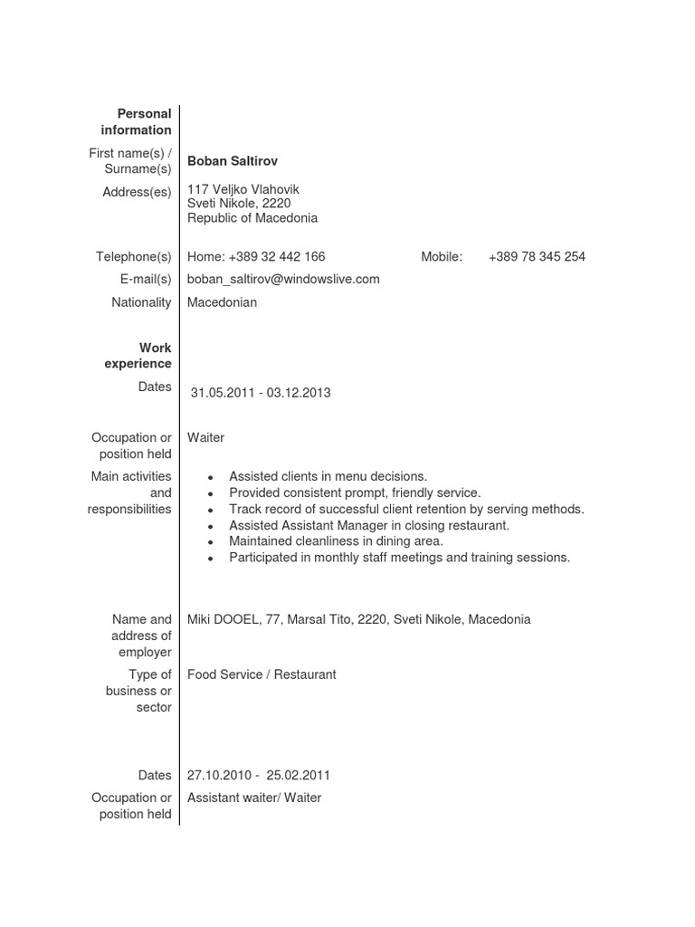 A Sample CV For Applying On A Cruise Ship | PDF | Waiting Staff ...