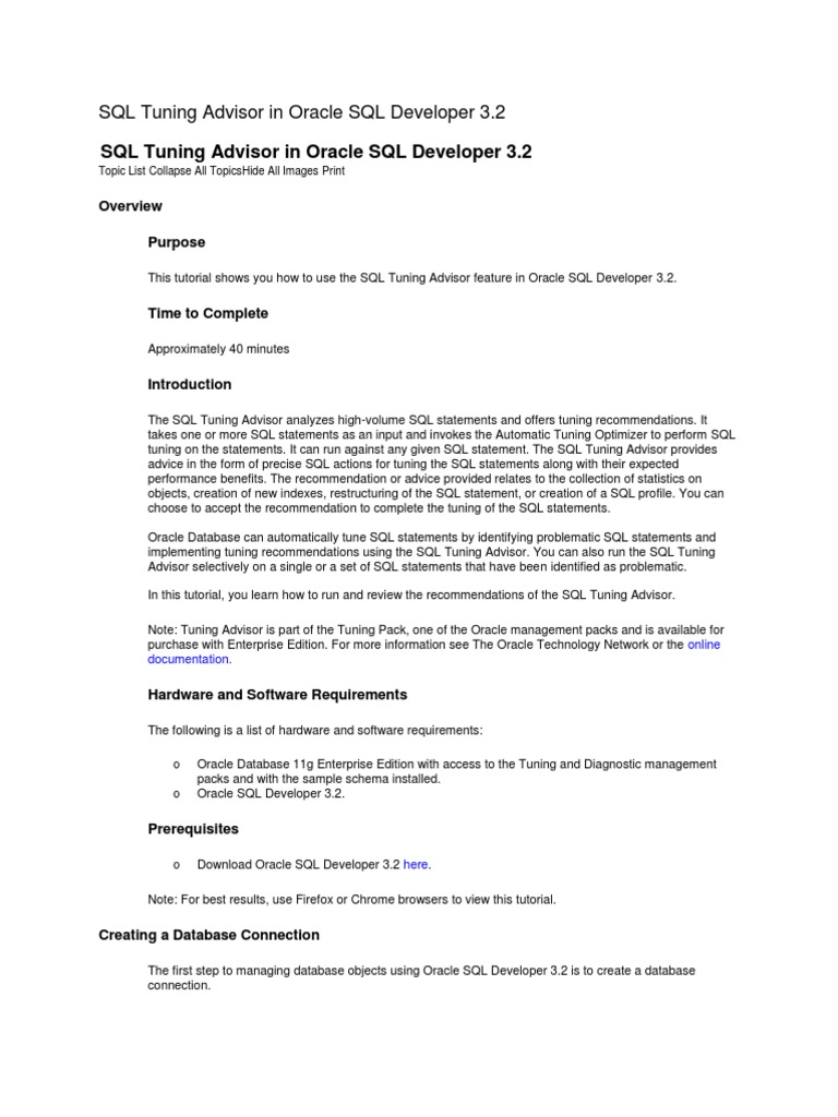 SQL Tuning Advisor in Oracle SQL Developer | PDF | Sql | Databases