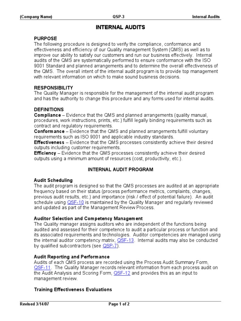 Procedure For Internal Audits | PDF | Internal Audit | Audit