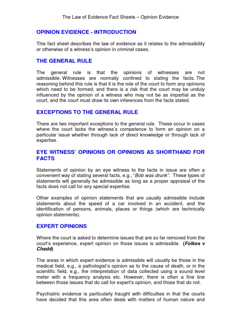 Opinion Evidence | Download Free PDF | Expert Witness | Evidence