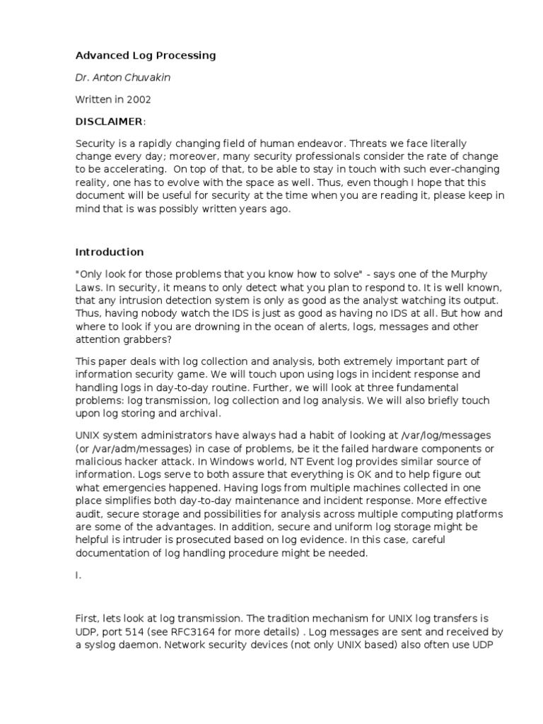 Advanced Log Processing by Dr. Anton Chuvakin | PDF | Secure Shell | Port (Computer Networking)