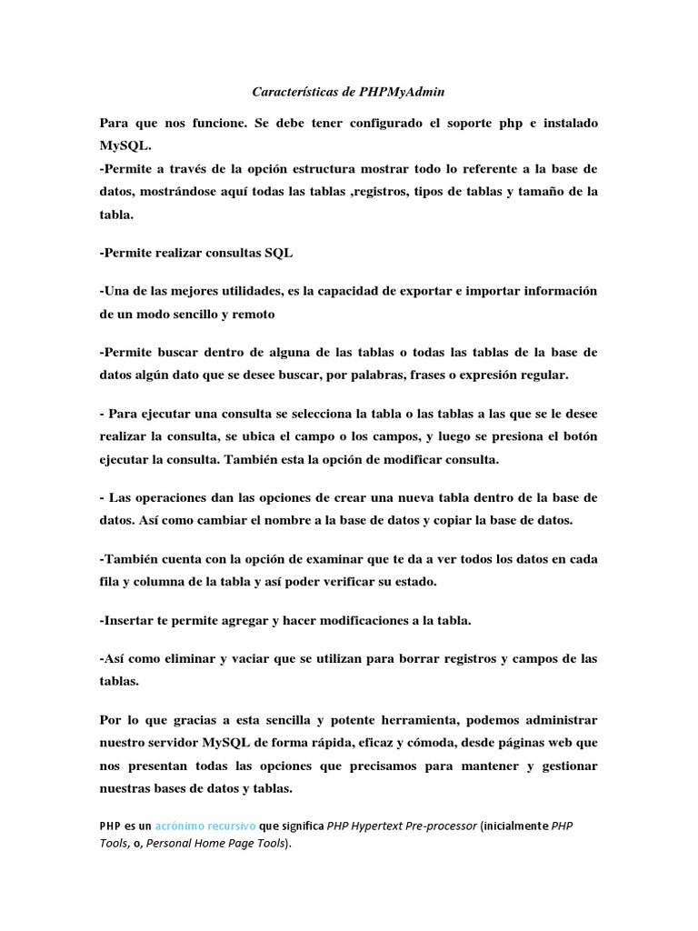 Introducción a PHPMyAdmin y sus funciones | PDF