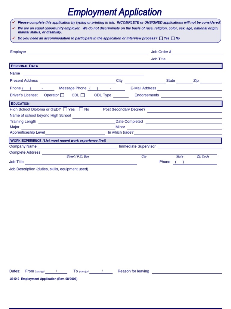 Job Employment Application Form | PDF | Employment | Business