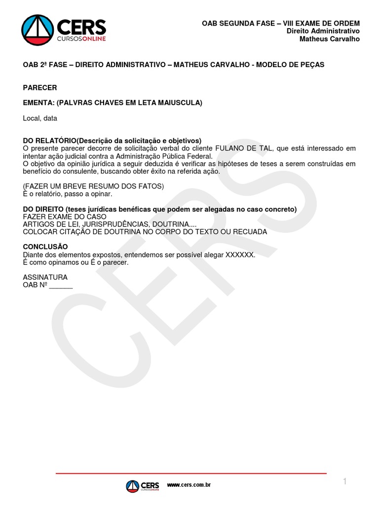 Modelos Das Peças Oab 2 Fase Direito Administrativo | PDF | Direito