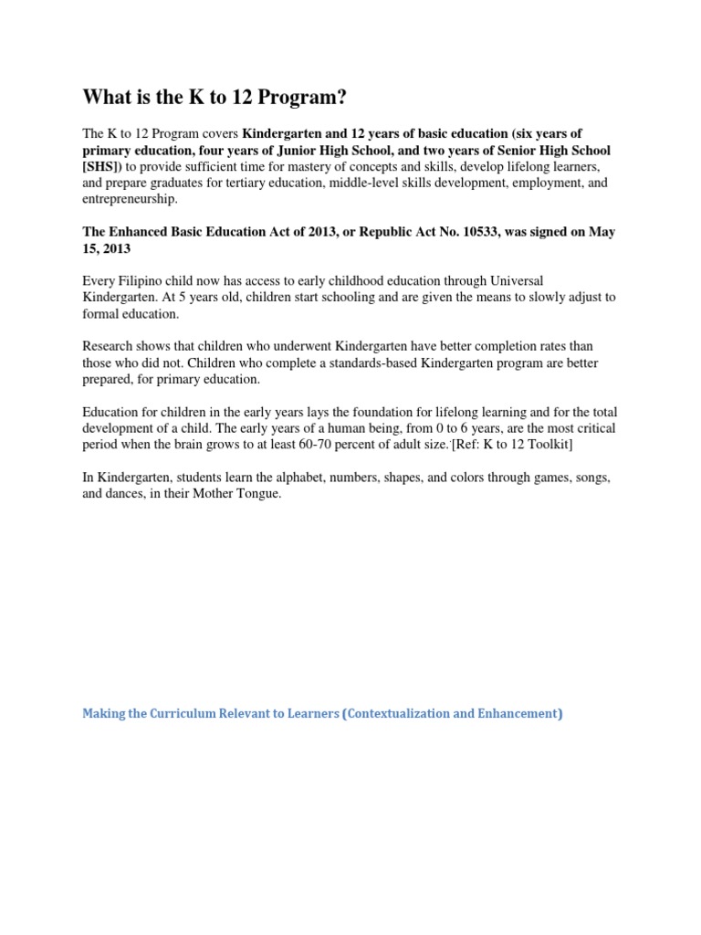 Overview of the K to 12 Education Program | PDF | Secondary School ...