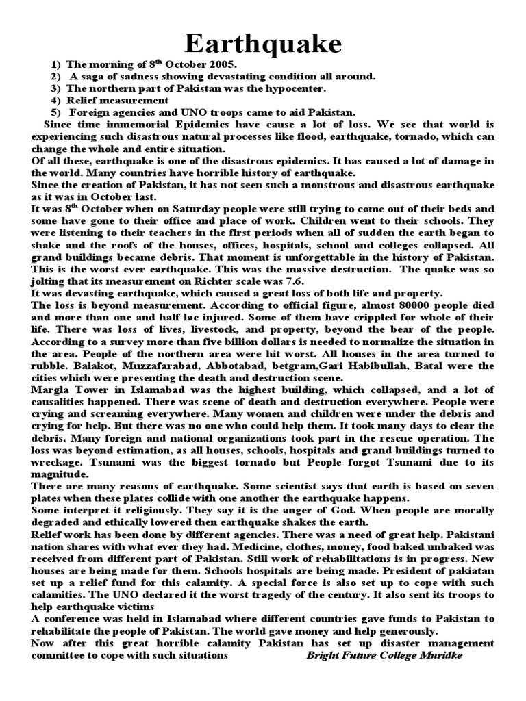 Earthquake Essay | PDF | Natural Disasters | Hazards