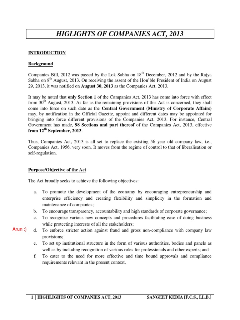 Very Short Notes of Company Act 2013 | PDF | Board Of Directors ...