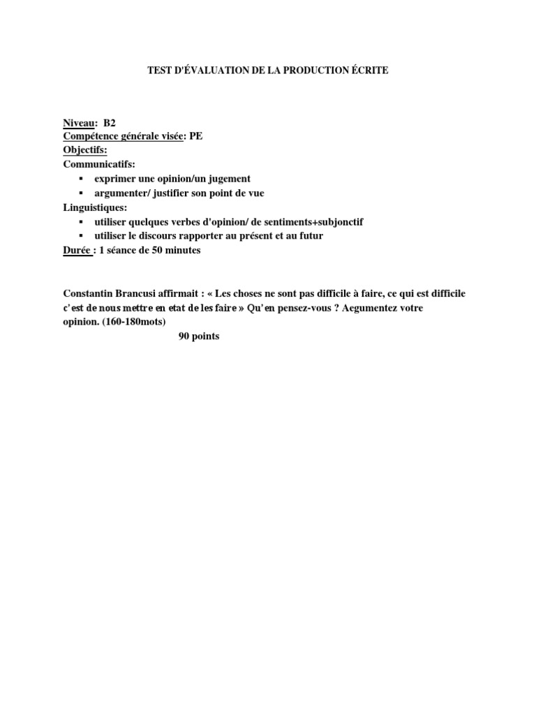 Test de Production Ecrite | PDF