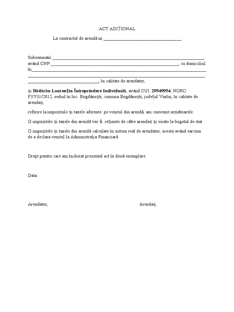Act Aditional La Contractul de Arenda | PDF