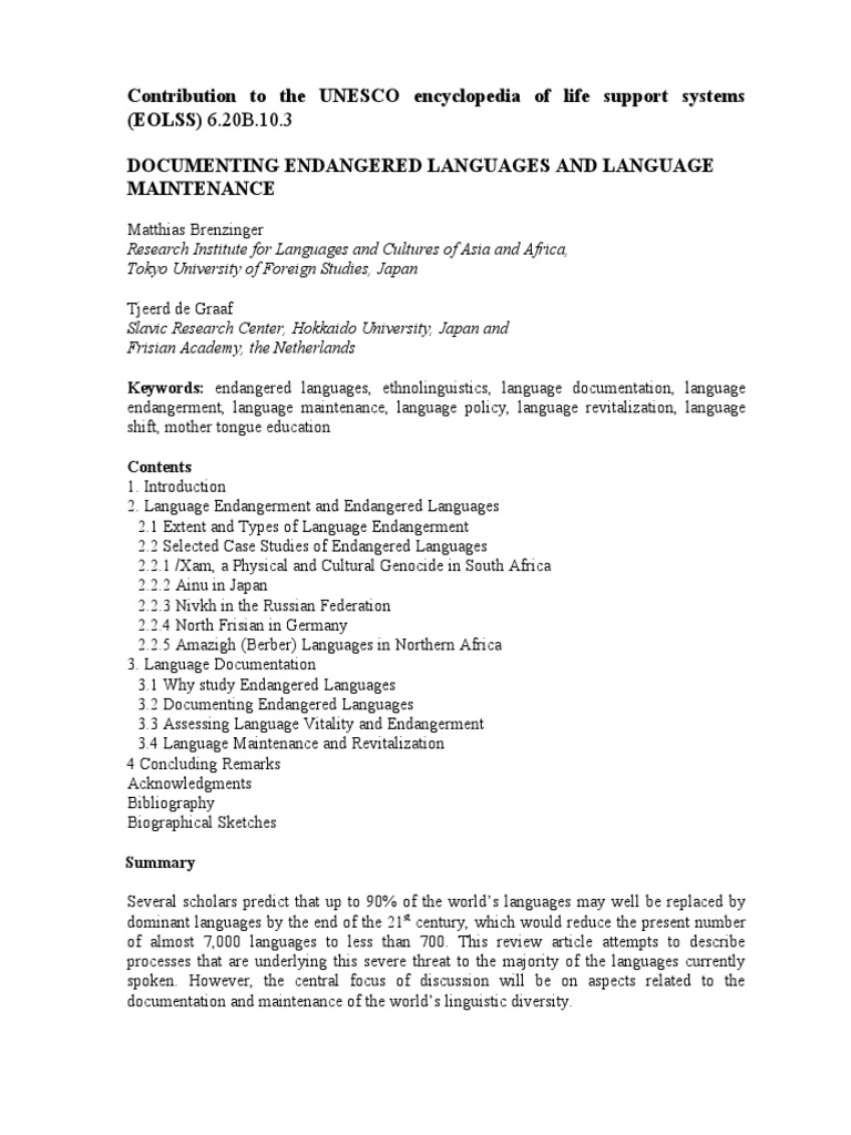 Documenting Endangered Languages and Language Maintenance | PDF ...