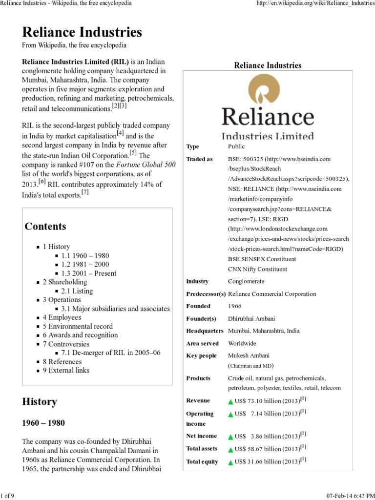 Reliance Industries - Wikipedia, The Free Encyclopedia | PDF ...
