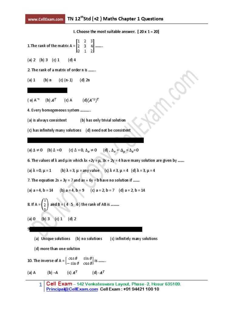 TN 12 STD (+2) Maths Chapter 1 Questions: I. Choose The Most Suitable ...
