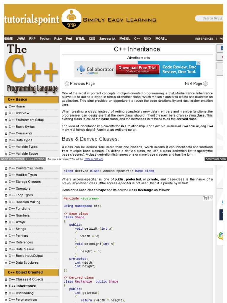 Tutorialspoint Com Cplusplus Cpp Inheritance Htm C Class