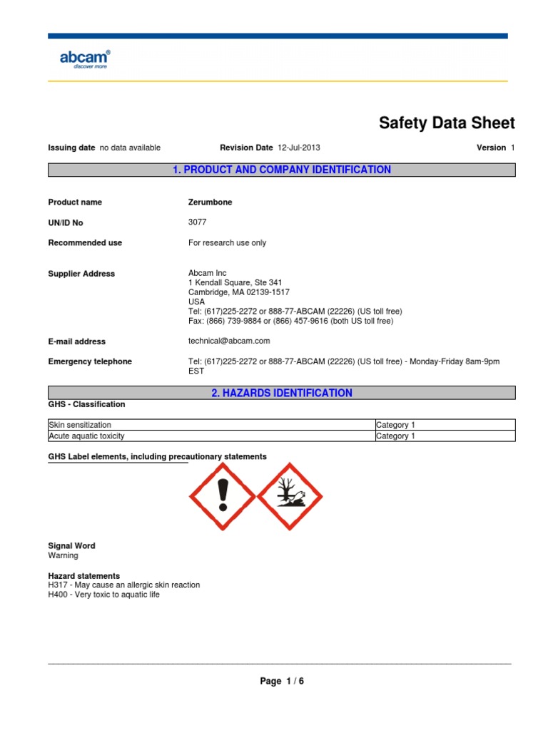 Safety Data Sheet: 1. Product and Company Identification | PDF | Dangerous Goods | Superfund