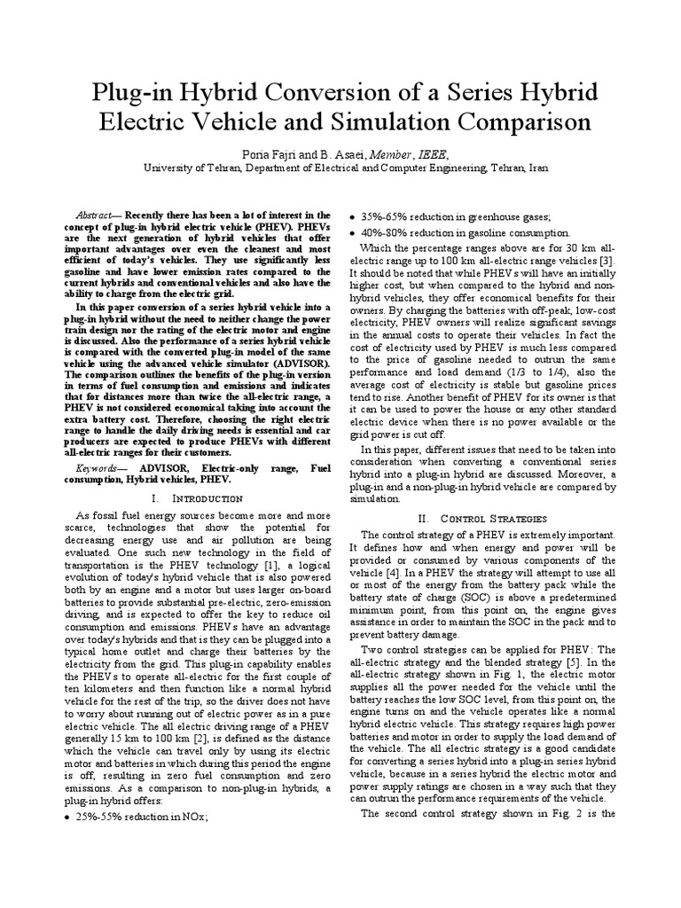 Plug-In Hybrid Conversion of A Series Hybrid Electric Vehicle and ...