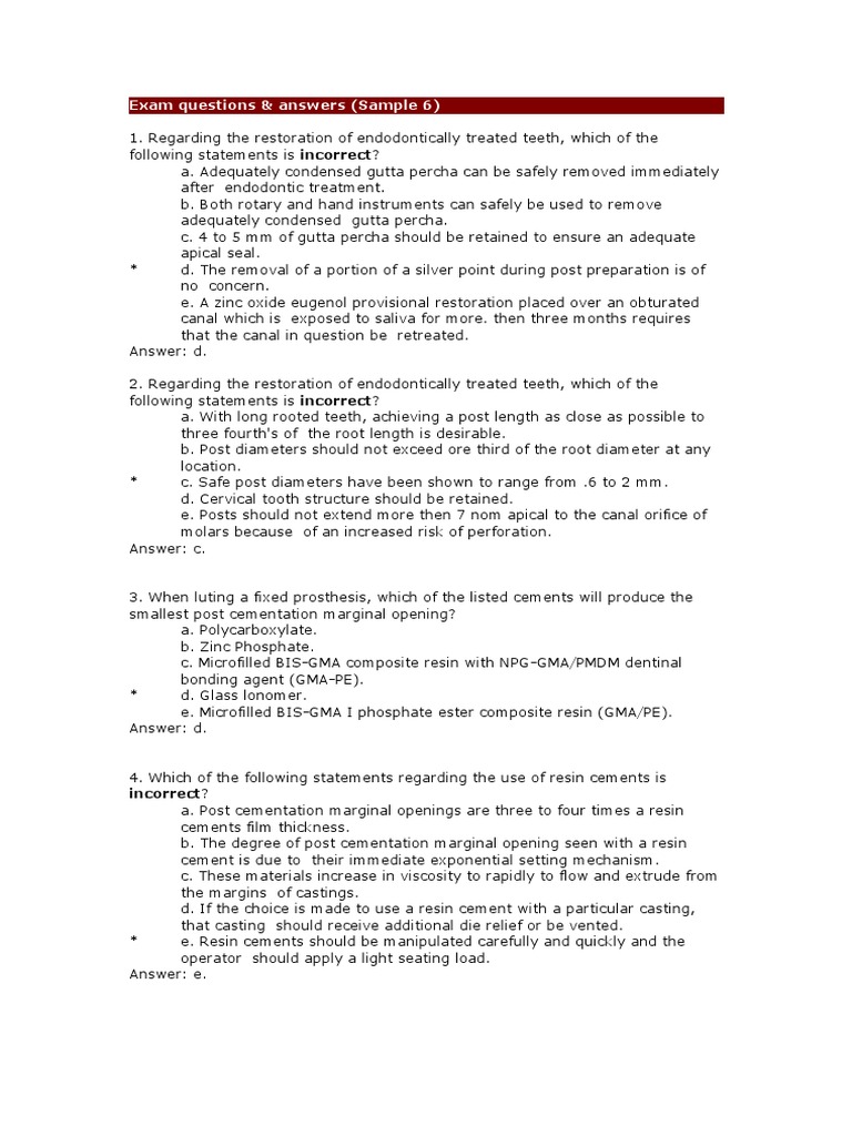 Written Exam Sample 6 With Answers | PDF | Tooth | Dentistry Branches