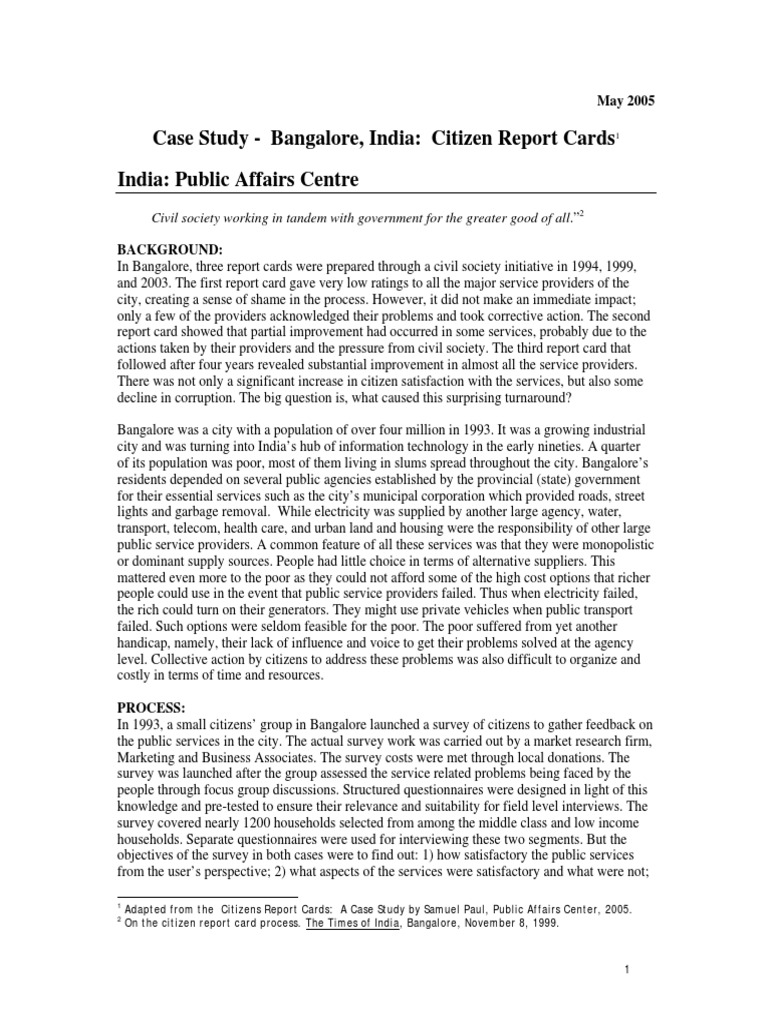 Bangalore Citizen Report Card | PDF | Survey Methodology | Questionnaire