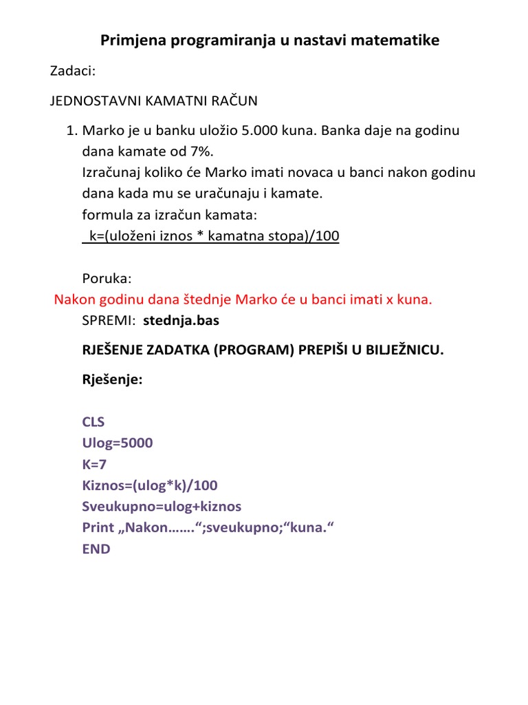 Primjena Programiranja U Nastavi Matematike Zadaci | PDF