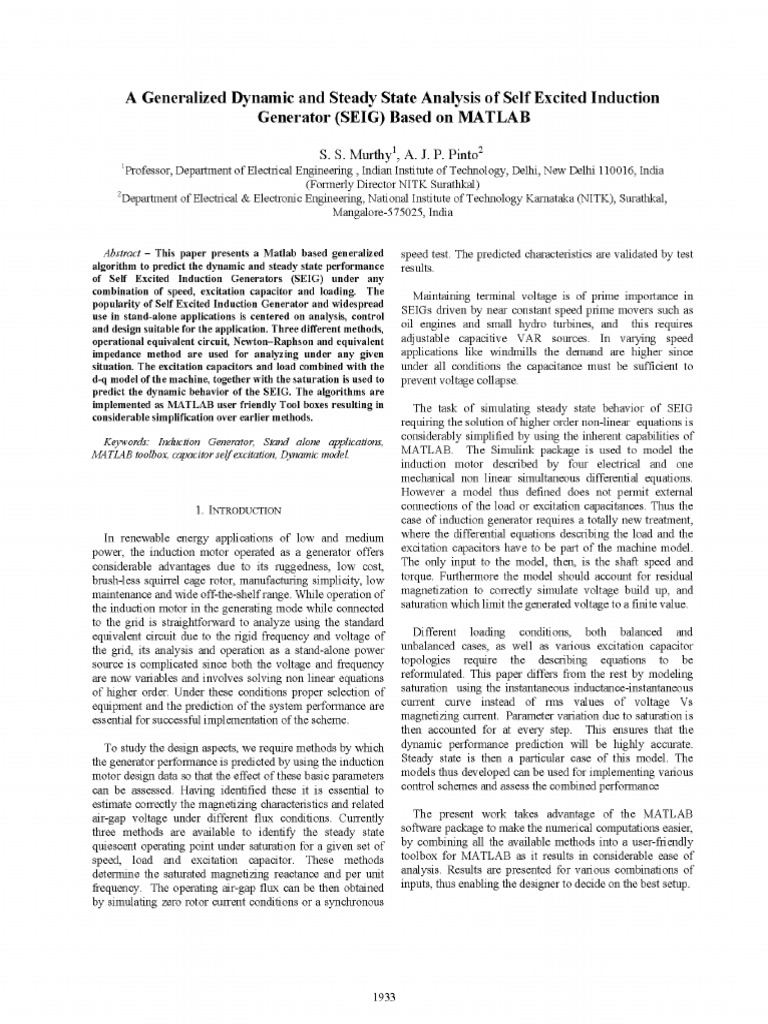 Generalized Dynamic and Steady State Analysis of Self Excited Induction ...