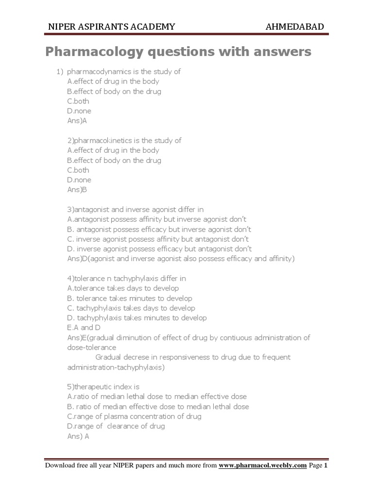 Pharmacology questions with answers: Niper Aspirants Academy Ahmedabad ...