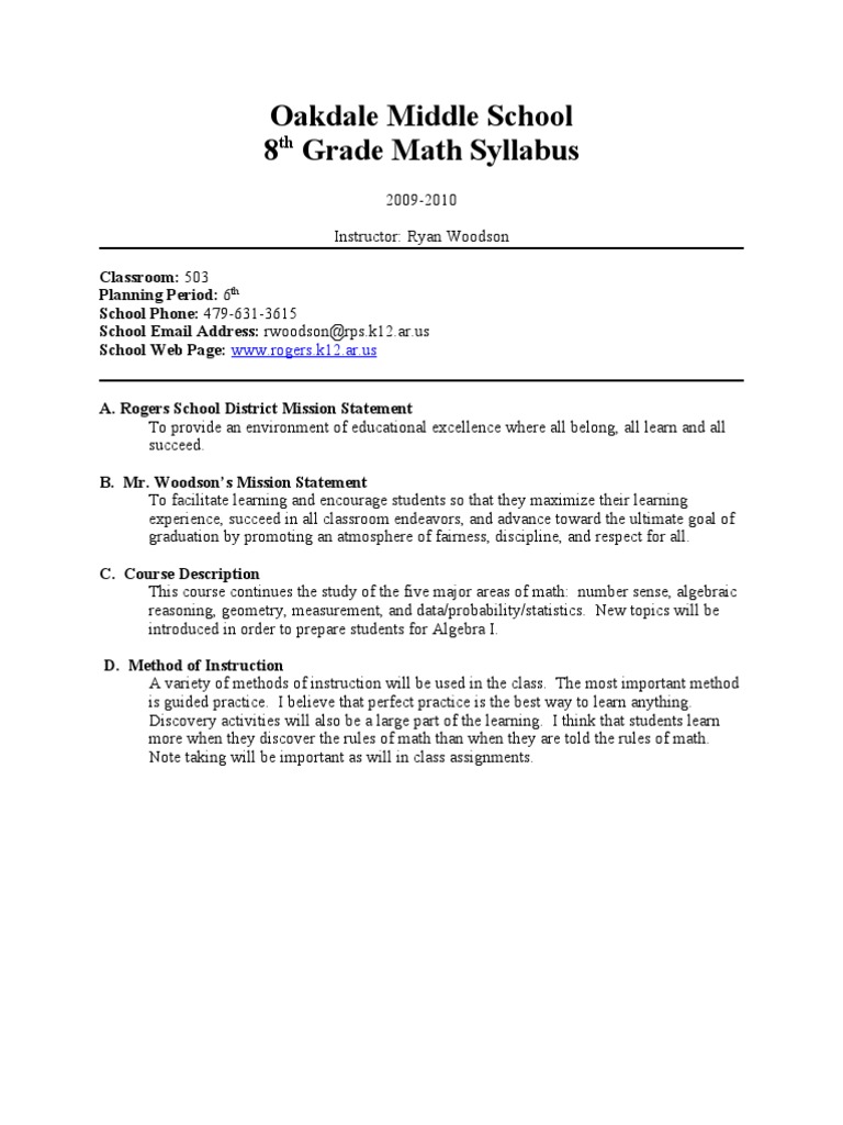 Oakdale Middle School 8th Grade Math Syllabus | PDF | Homework ...