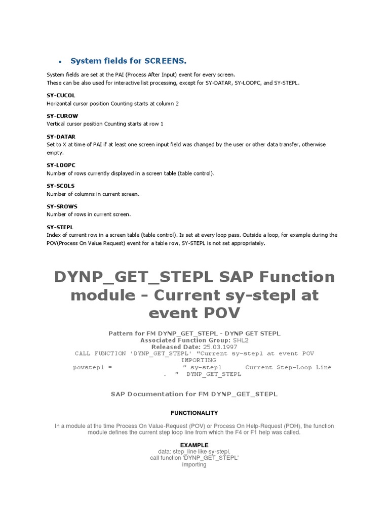 DYNP - GET - STEPL SAP Function Module - Current Sy-Stepl at Event POV | PDF | Subroutine ...