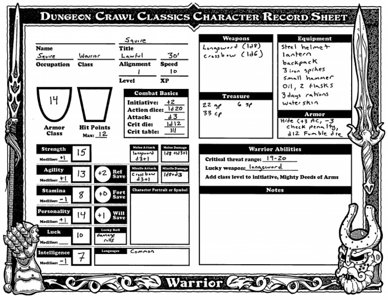 Warrior 1 - Dungeon Crawl Classics Character Sheet | Leisure Activities ...