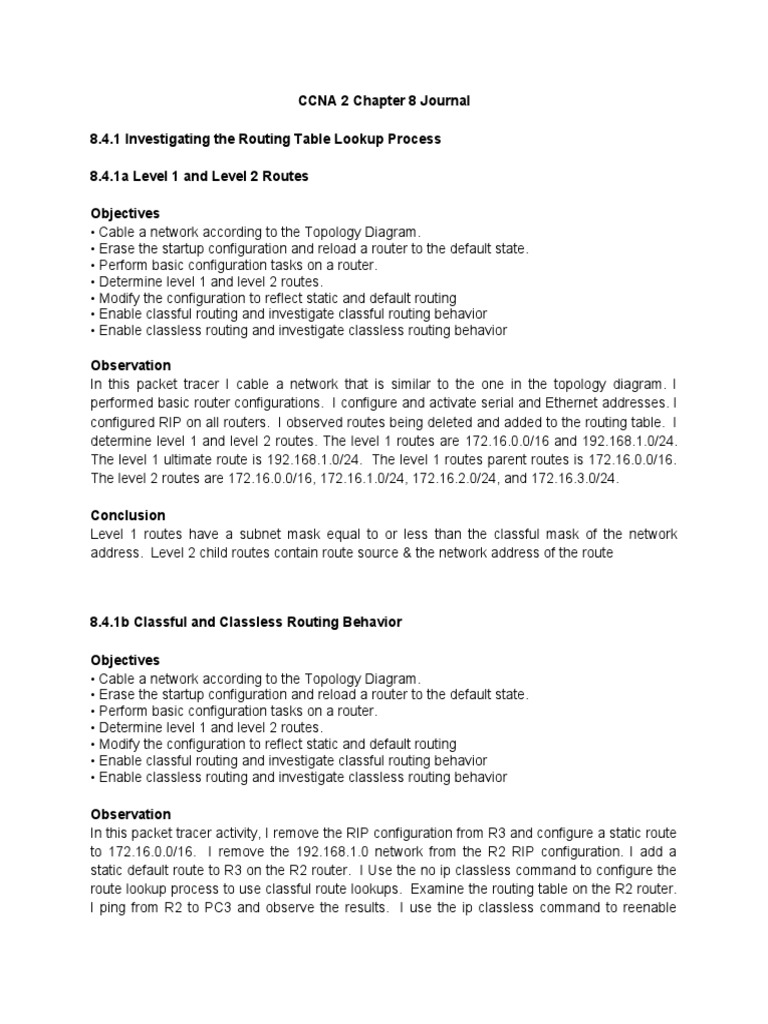 CCNA 2 Chapter 8 Journal | PDF | Router (Computing) | Routing
