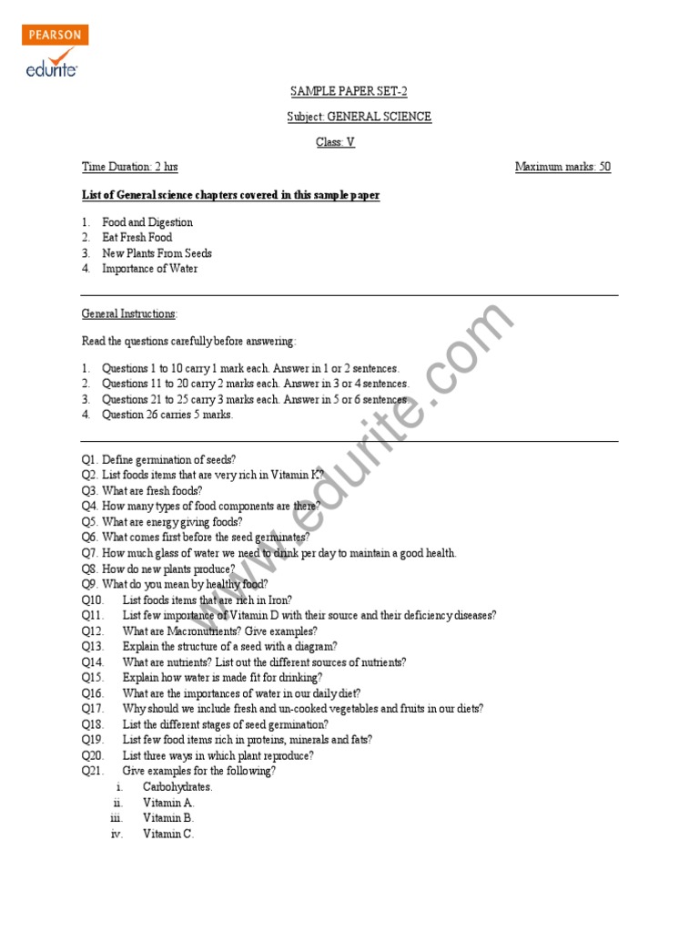 Class 5 Cbse Science Sample Paper Term 1 Model 2 | PDF | Vitamin | Seed