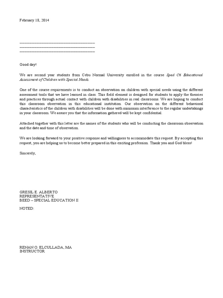 Request for Classroom Observation Permission | PDF
