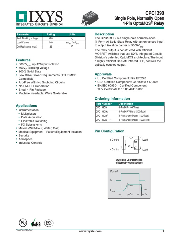Single Pole, Normally Open 4-Pin Optomos Relay: Description | PDF ...