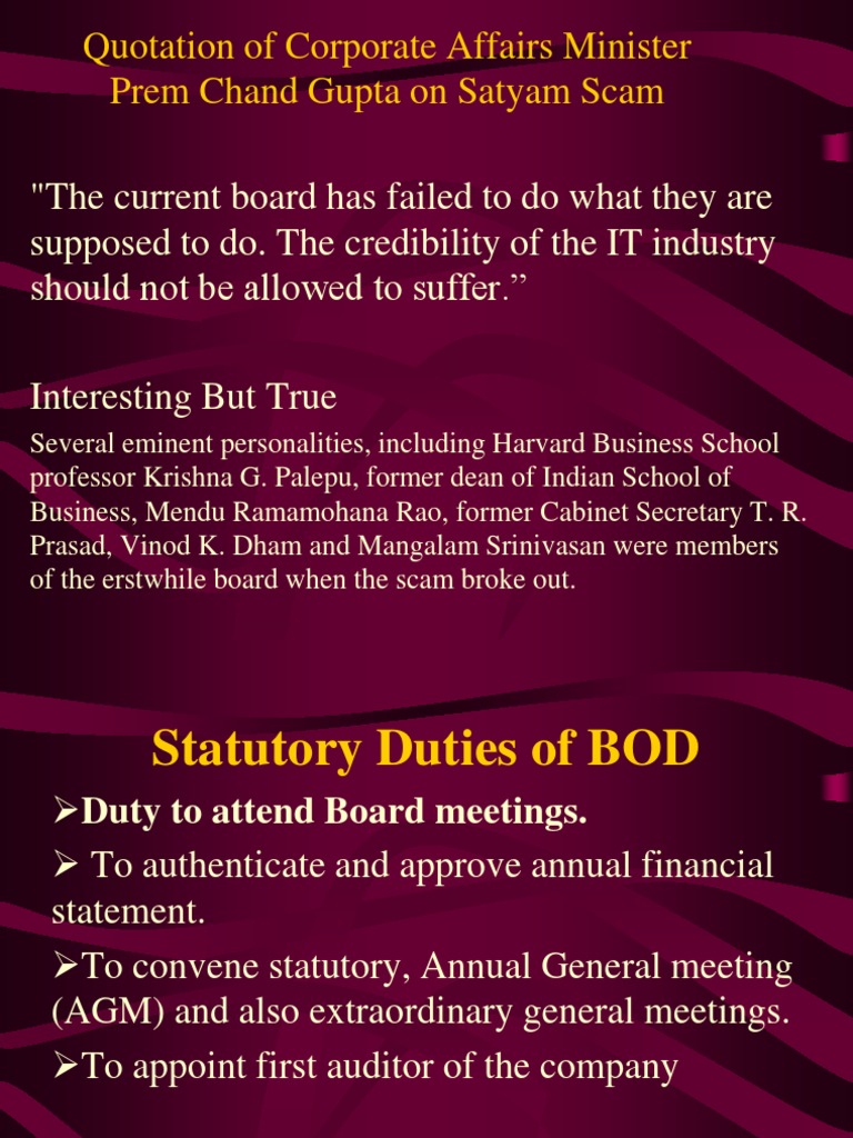 Quotation of Corporate Affairs Minister Prem Chand Gupta On Satyam Scam ...