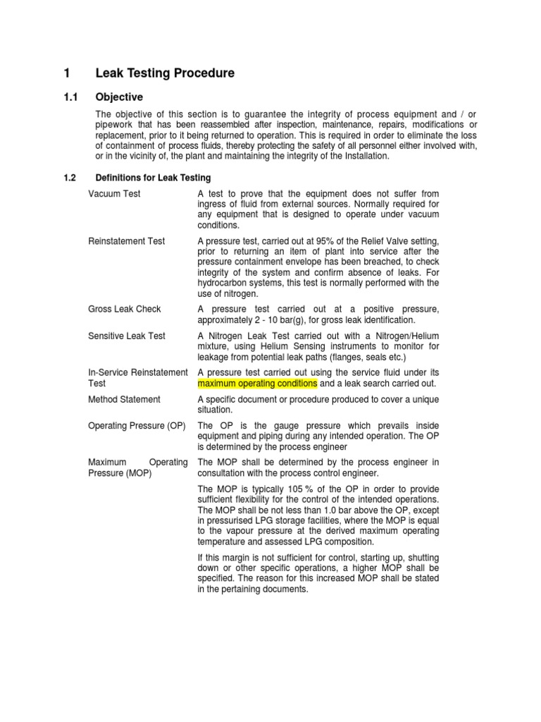 Leak Testing Procedure | Leak | Pressure