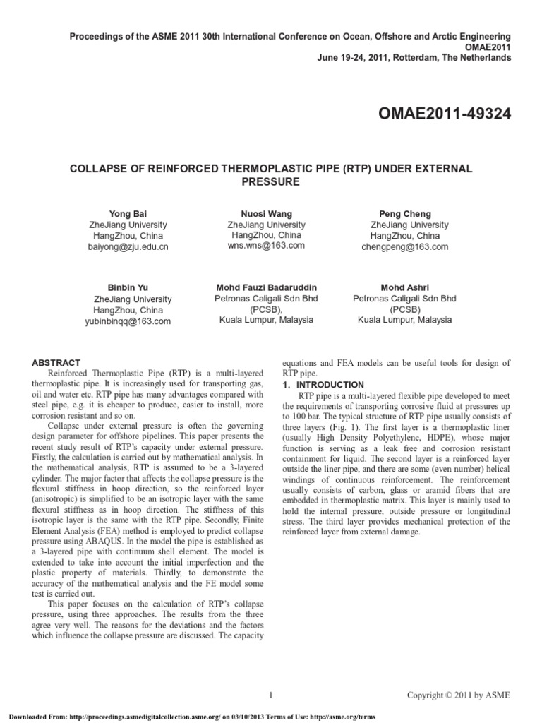 Collapse of Reinforced Thermoplastic Pipe (RTP) Under External Pressure ...