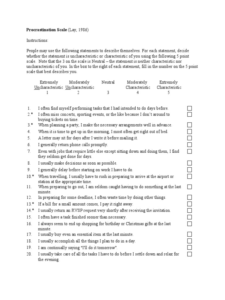 Procrastination Scale (Lay, 1986) | PDF