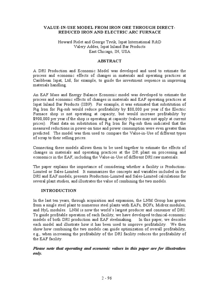 Value-In-Use Model From Iron Ore Through Direct-Reduced Iron and ...