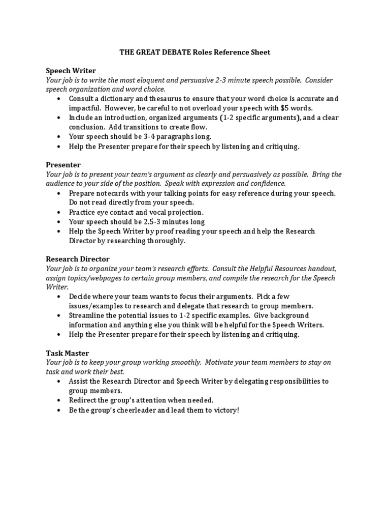 Roles Reference Sheet | PDF