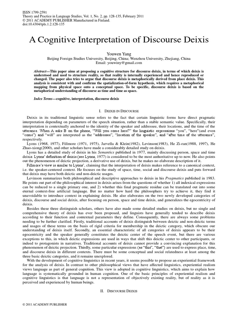 A Cognitive Interpretation of Discourse Deixis | PDF | Discourse ...