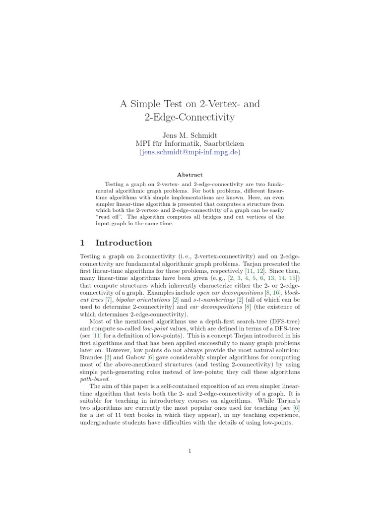 A Simple Linear Time Algorithm For Testing 2 Vertex And 2 Edge Connectivity Pdf Graph Theory