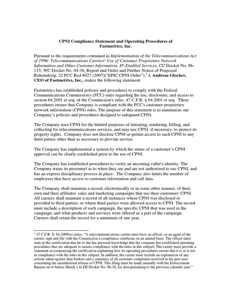 Fastmetrics 2014 CPNI Attachment | PDF | Federal Communications ...