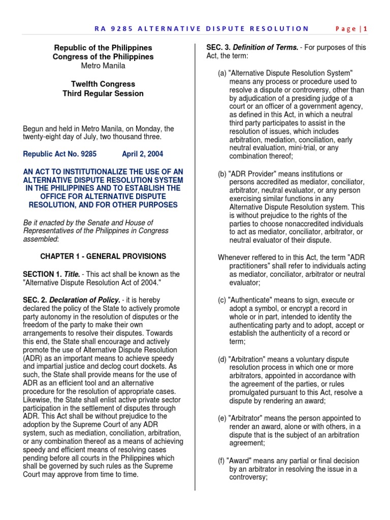 ADR Law RA 9285 | PDF | Mediation | Alternative Dispute Resolution