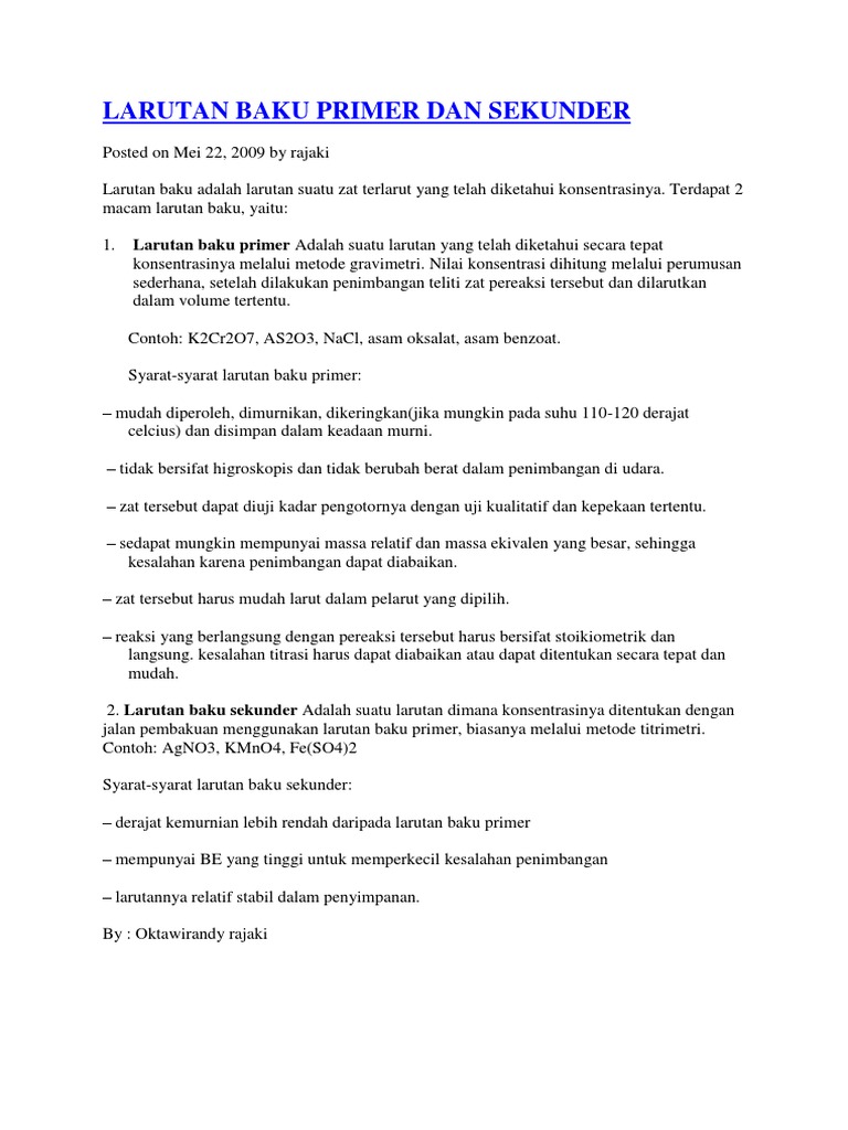 Larutan Standar Sekunder Dan Primer | PDF | Sains & Matematika