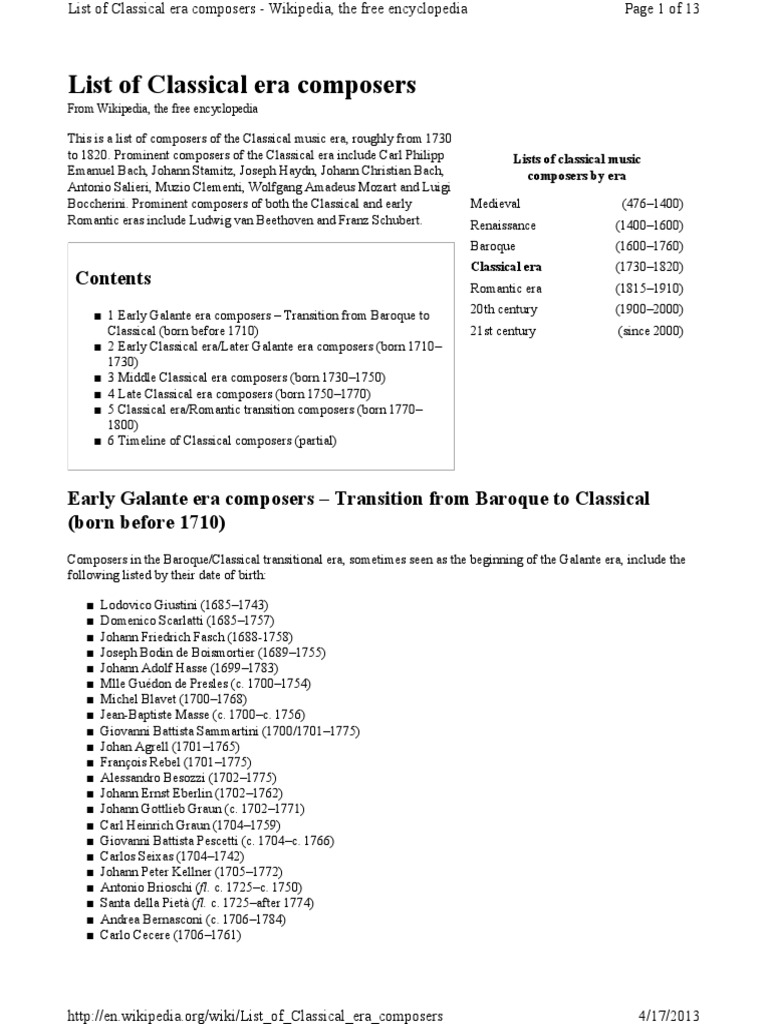Classical Era Composers List | PDF | Classical Period (Music ...