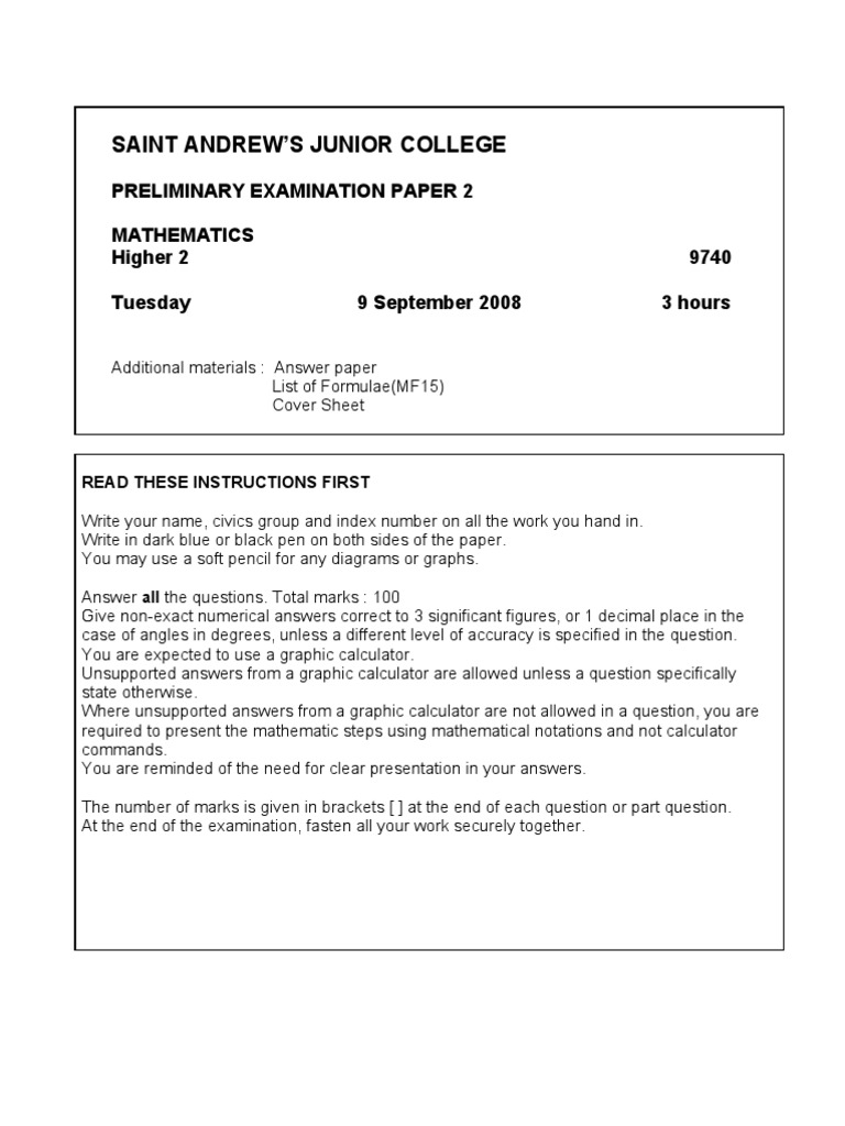 MATHS SA. 2008 SAJC H2 Mathematics Prelim Paper 2 | Download Free PDF ...
