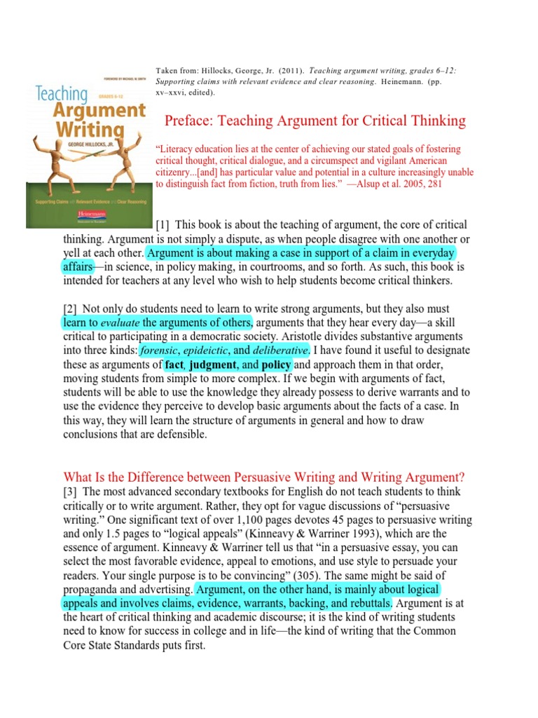 Teaching Argument Writing for Critical Thinking | PDF | Argument | Reason